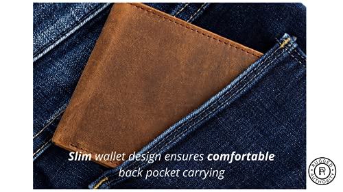 Rugged Authority Brown Mens Leather Bifold Wallet with RFID Blocking Theft Protection, 5 card wallet slots & ID Window. Slim minimalist, distressed leather wallets for men.