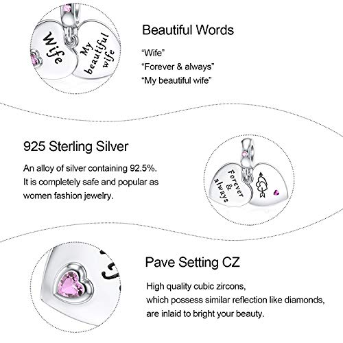 JIAYIQI Wife Charm Fit Pandora Charms Bracelet 925 Sterling Silver Dangle Beads with Cubic Zirconias Heart Shape Love Charms for Women Birthday Valentine's Day Present