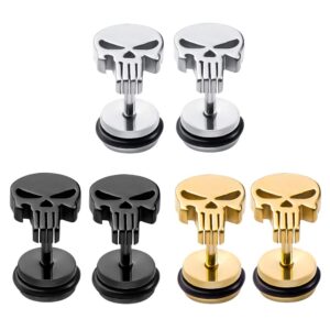 stainless steel punisher skull stud earrings rock skeleton screw back earrings for men women (f016-3 pairs)