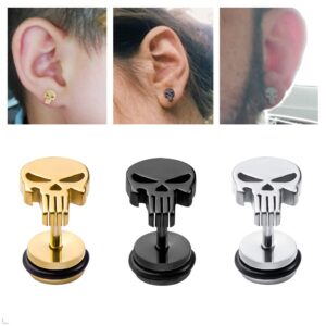 Stainless Steel Punisher Skull Stud Earrings Rock Skeleton Screw Back Earrings for Men Women (F016-3 Pairs)