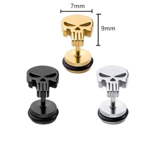 Stainless Steel Punisher Skull Stud Earrings Rock Skeleton Screw Back Earrings for Men Women (F016-3 Pairs)