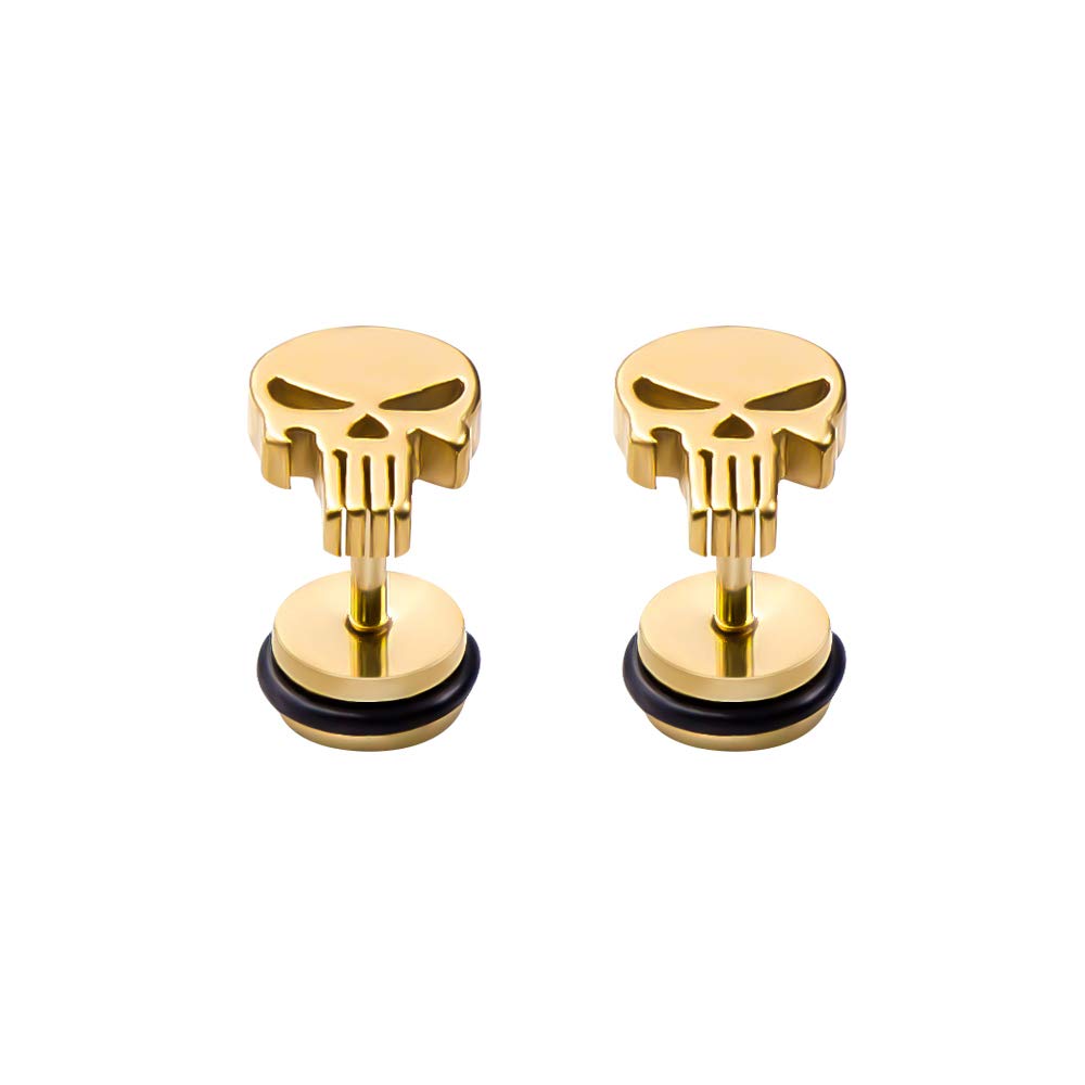 Stainless Steel Punisher Skull Stud Earrings Rock Skeleton Screw Back Earrings for Men Women (F016-3 Pairs)