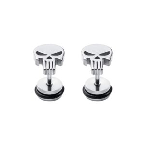 Stainless Steel Punisher Skull Stud Earrings Rock Skeleton Screw Back Earrings for Men Women (F016-3 Pairs)