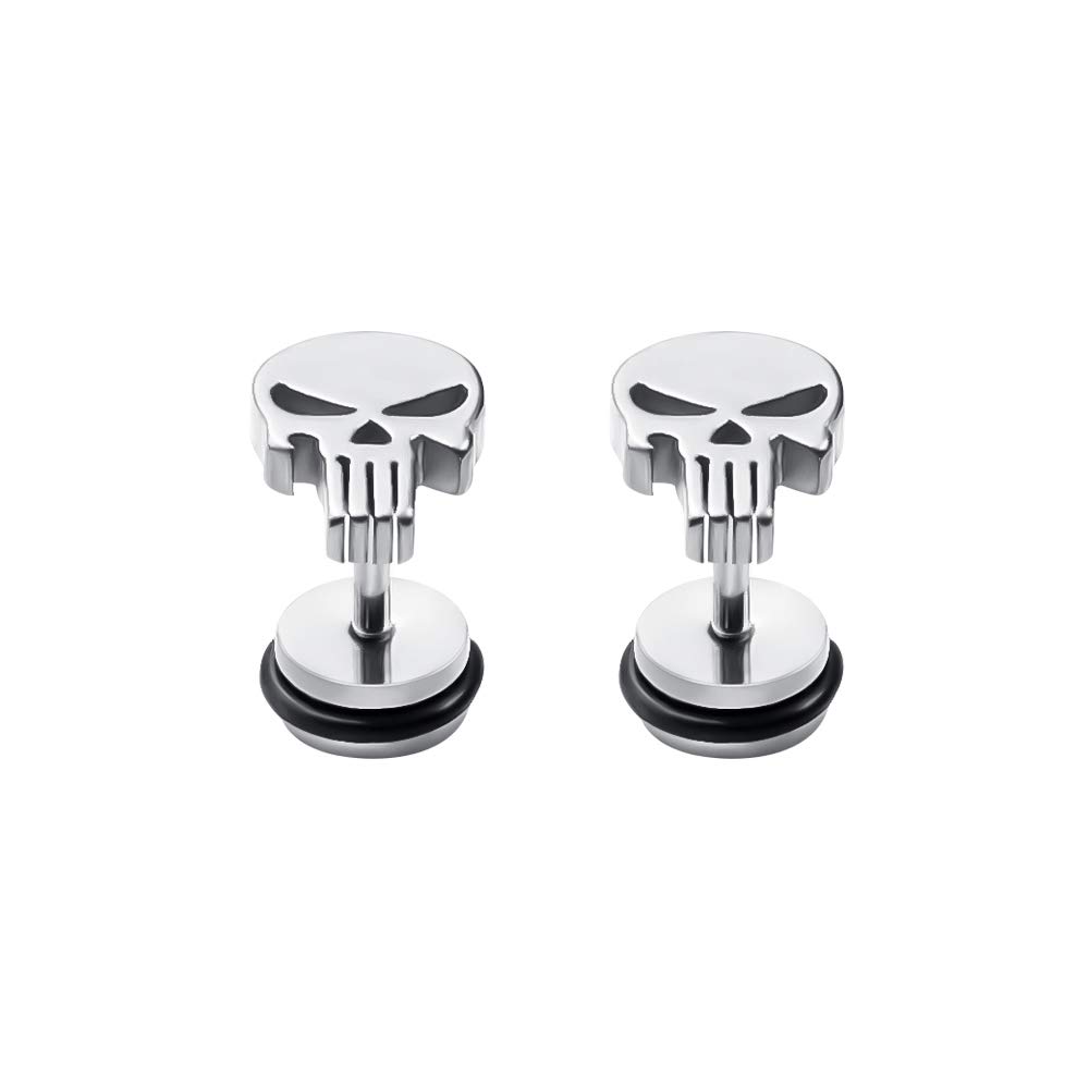 Stainless Steel Punisher Skull Stud Earrings Rock Skeleton Screw Back Earrings for Men Women (F016-3 Pairs)