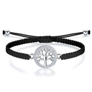 zeni tree of life bracelet for women, black rope bracelet 925 silver handmade braided adjustable bracelet love friendship christmas bracelet gifts