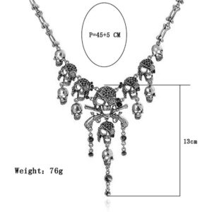 FLD Halloween Women's Antique Silver Multi layered Pirate Skull Tassel Charm Necklace Collar and Fashion Jewelry Skull Bracelet Collar Women's Terror Necklace