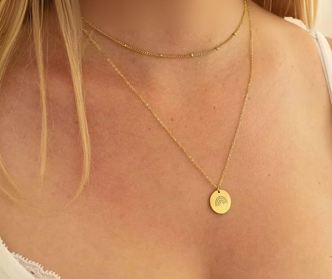 Fremttly Rainbow Initial Necklaces, 14K Gold Plated Disc Coin Letter Necklace Hand Stamped Rainbow Bridge Pendant Charm Necklaces for Women Girls NK-Rainbow