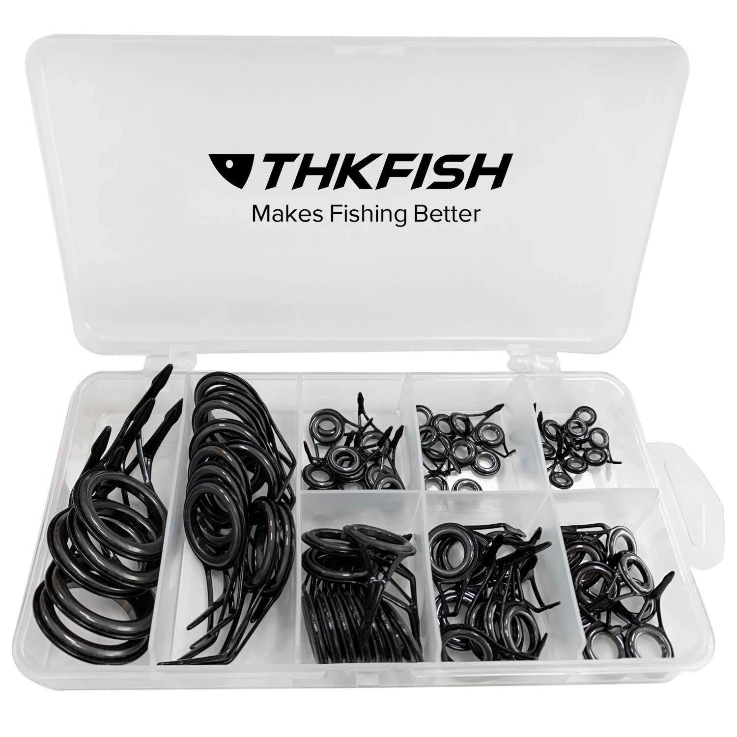 THKFISH Fishing Rod Guide Repair Kit Spinning Rod Guides Ceramics Stainless Steel Carbon Guide Repair 8 Sizes Black 75pcs