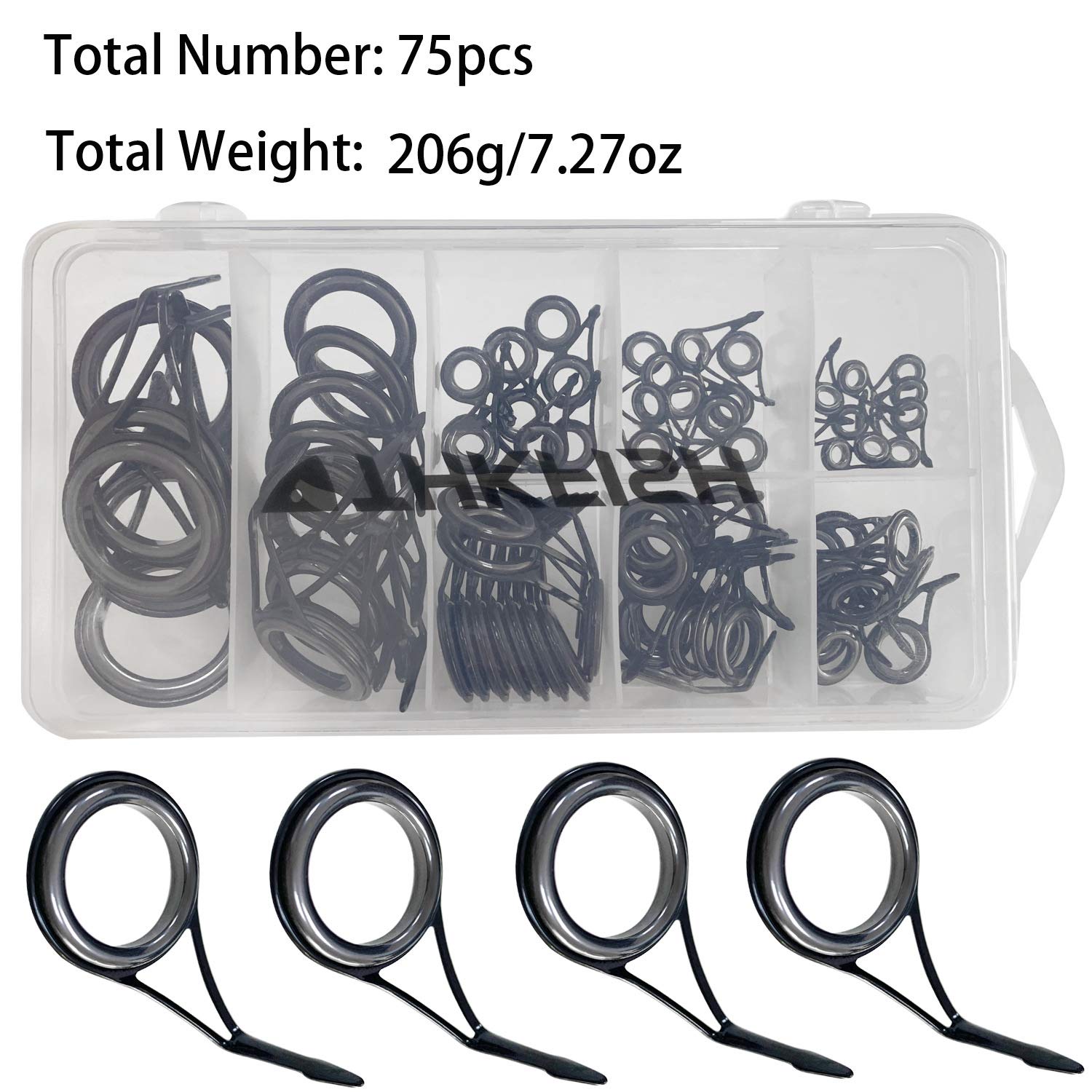 THKFISH Fishing Rod Guide Repair Kit Spinning Rod Guides Ceramics Stainless Steel Carbon Guide Repair 8 Sizes Black 75pcs