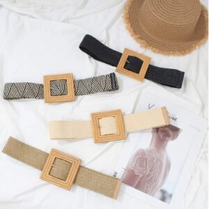 YUCFOREN Women Skinny Dress Belt, Fashion Straw Woven Elastic Stretch Waist Band Wood Buckle Belt, Sand