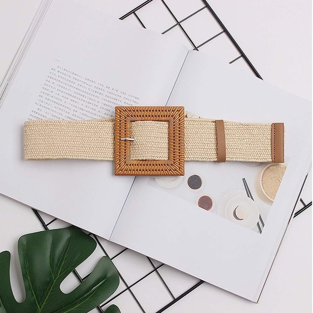 YUCFOREN Women Skinny Dress Belt, Fashion Straw Woven Elastic Stretch Waist Band Wood Buckle Belt, Sand