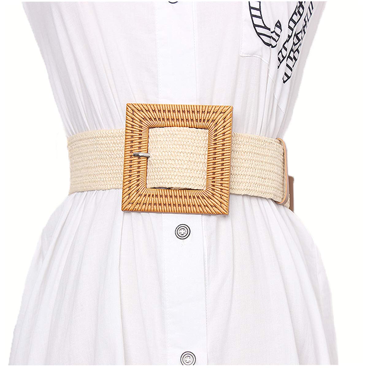 YUCFOREN Women Skinny Dress Belt, Fashion Straw Woven Elastic Stretch Waist Band Wood Buckle Belt, Sand