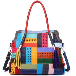 Women Genuine Leather Tote Multicolour Patchwork Hollow Shoulder Handbag Purses (Multicoloured-Middle)…