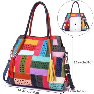 Women Genuine Leather Tote Multicolour Patchwork Hollow Shoulder Handbag Purses (Multicoloured-Middle)…