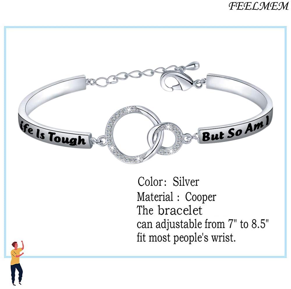 FEELMEM Life Is Tough But So Am I Bracelet Depression Suicide Mental Health Awareness Inspirational Jewelry Recovery Gift Keep Going Gift (Life Is Tough-silver)