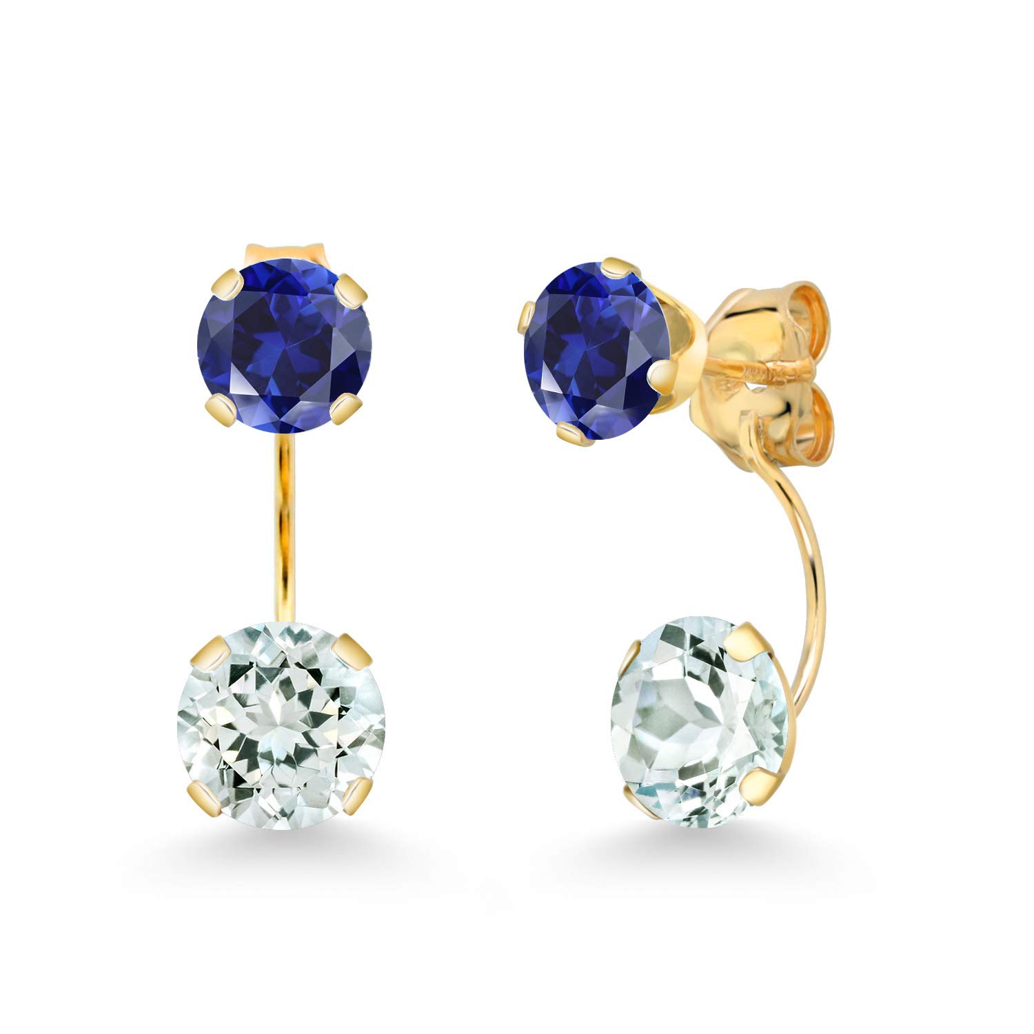 Gem Stone King 14K Yellow Gold Sky Blue Aquamarine and Blue Created Sapphire Dual Drop 2 Stone Round Earrings for Women (2.70 Cttw, Gemstone Birthstone, Round 6MM and 5MM)