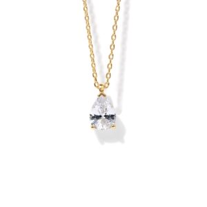 pavoi 14k gold plated sterling silver post faux diamond pear solitaire pendant halo necklace in yellow gold