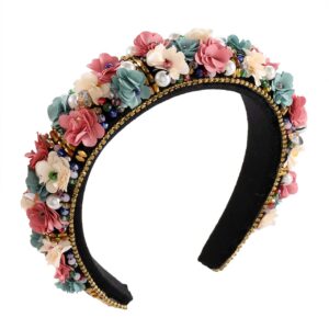 cenapog baroque crystal rhinestone headbands flower padded hairbands for women girls pearl colorful bead embellished headbands bejewelled wide velvet hair hoop for wedding bridal parties (flower)