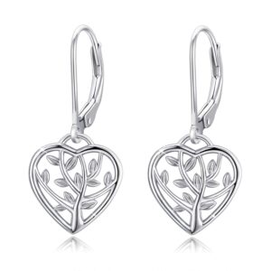 heart shape leverback earrings, 925 sterling silver tree of life drop dangling earring for women, hypoallergenic for sensitive ears for women daughter girlfriend with gift box