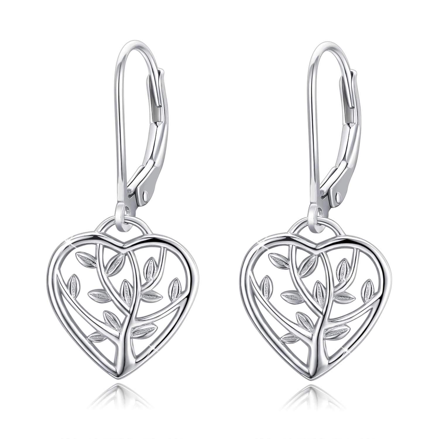 Heart Shape Leverback Earrings, 925 Sterling Silver Tree of Life Drop Dangling Earring for Women, Hypoallergenic for Sensitive Ears for Women Daughter Girlfriend with Gift Box