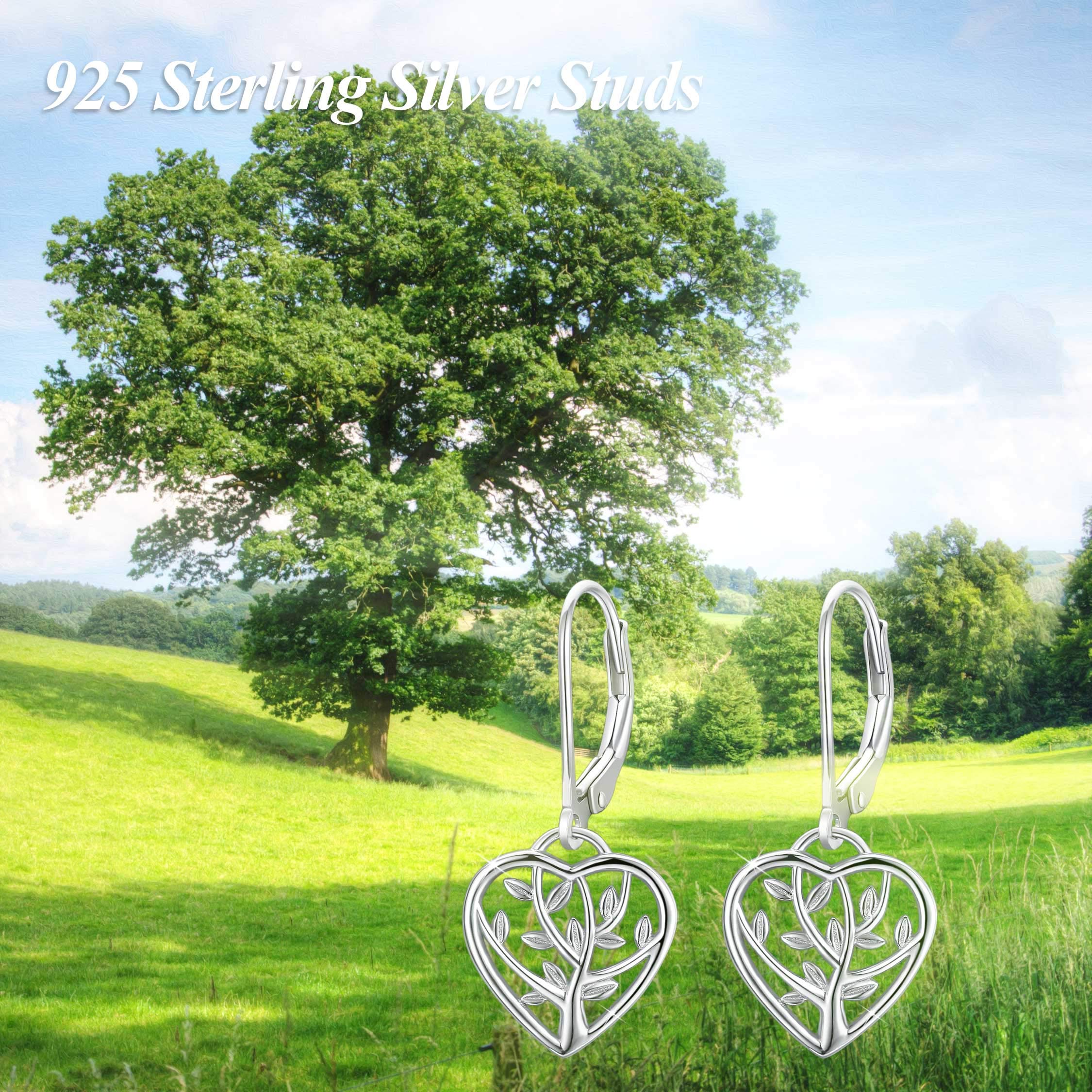 Heart Shape Leverback Earrings, 925 Sterling Silver Tree of Life Drop Dangling Earring for Women, Hypoallergenic for Sensitive Ears for Women Daughter Girlfriend with Gift Box