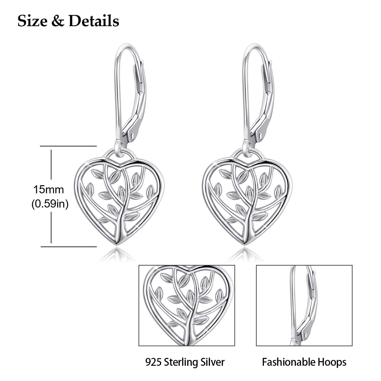 Heart Shape Leverback Earrings, 925 Sterling Silver Tree of Life Drop Dangling Earring for Women, Hypoallergenic for Sensitive Ears for Women Daughter Girlfriend with Gift Box