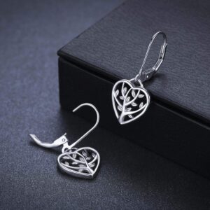 Heart Shape Leverback Earrings, 925 Sterling Silver Tree of Life Drop Dangling Earring for Women, Hypoallergenic for Sensitive Ears for Women Daughter Girlfriend with Gift Box