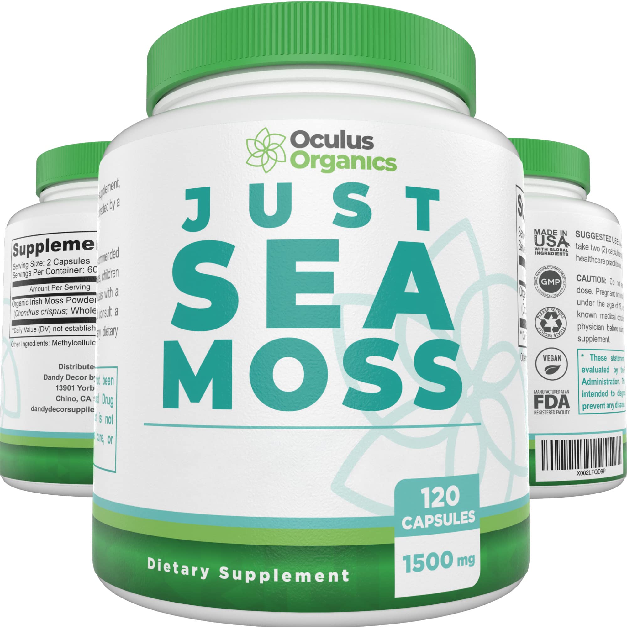 Oculus Organics Just Sea Moss Capsules - 120 Capsules 1500mg Serving | Sea Moss Organic | Irish Sea Moss Organic Raw | Seamoss Raw Organic Seamoss | Sea Moss Capsule | Irish Moss | Seamoss Pills |