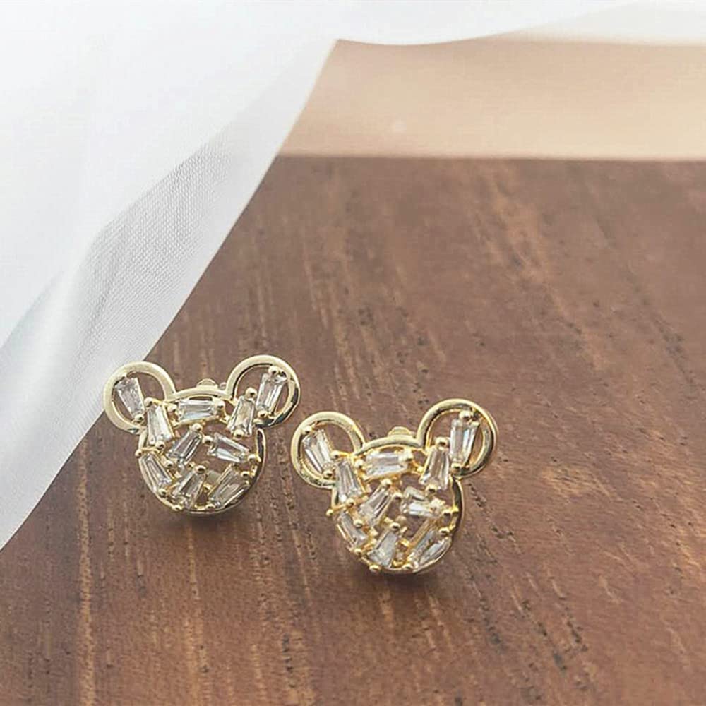 Cute Mini Mouse CZ Stud Earrings Sterling Silver Posts Lovely Crystal Cubic Zirconia Small Statement Cartilage Earring Studs Christmas Jewelry for Women Girls