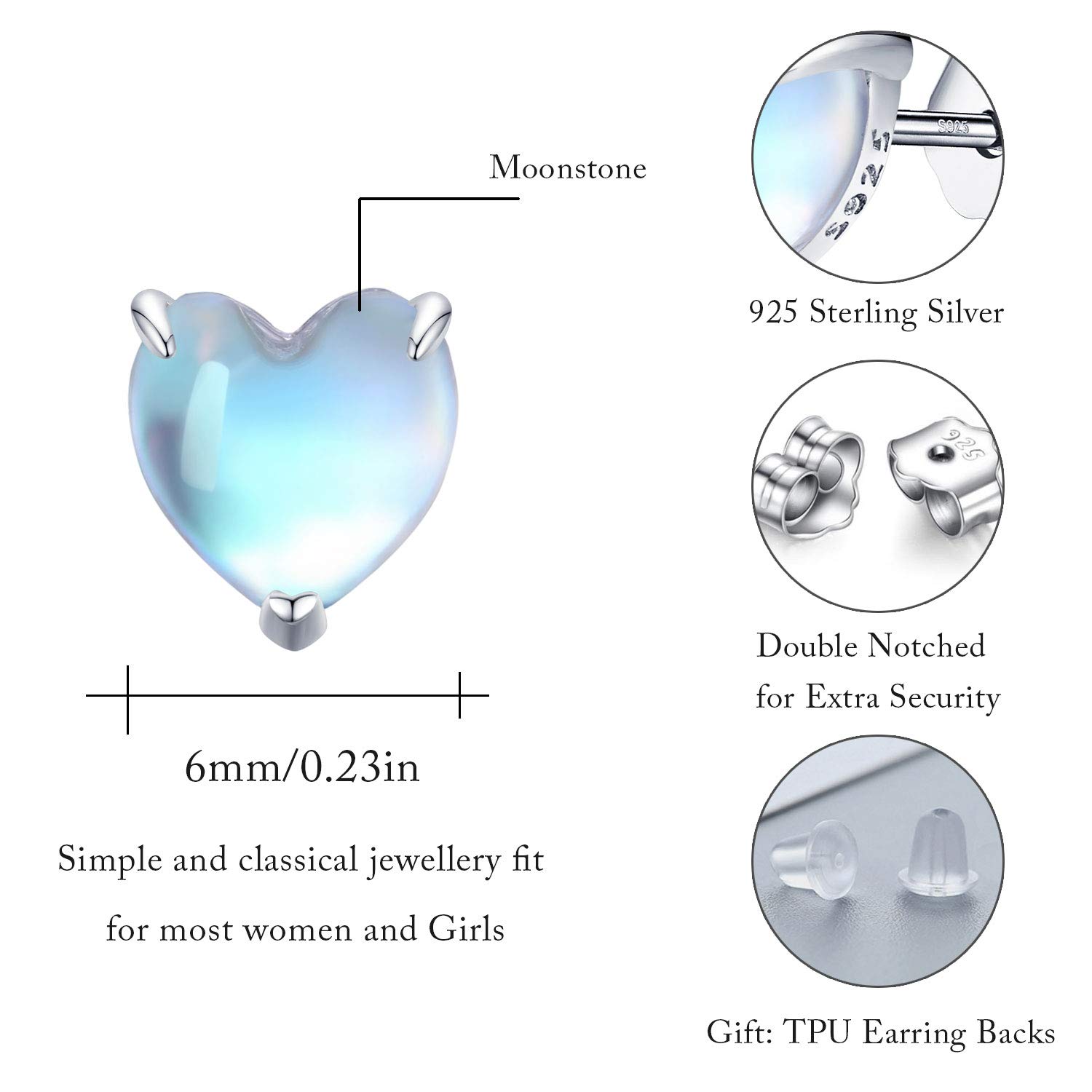 CUOKA MIRACLE Heart Moonstone Earrings, 925 Sterling Silver, Hypoallergenic, Stud, Gift for Women Girls