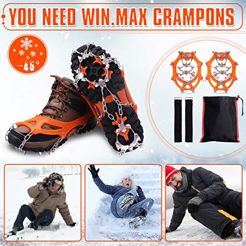 WIN.MAX Crampons for Shoes, Traction Cleats Ice Snow Grips with 19 Stainless Steel Spikes, Shoe Talons Anti - Slip Boots Spikes for Walking, Jogging, Climbing and Hiking (Orange, M)