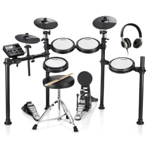 donner ded-200 electric drum sets with quiet mesh drum pads, 2 cymbals w/choke, 31 kits and 450+ sounds, throne, headphones, sticks, usb midi, melodics lessons (5 pads, 3 cymbals)