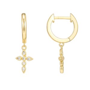 pavoi 14k yellow gold plated s925 sterling silver post drop/dangle huggie earrings for women | dainty cross earrings