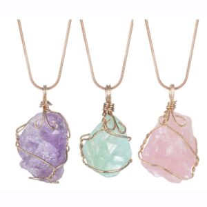 junhan 3pcs raw irregular crystal pendant necklace for women natural tumbled rock quartz wrapped gold wire chakra gemstone jewelry with 2 different chains