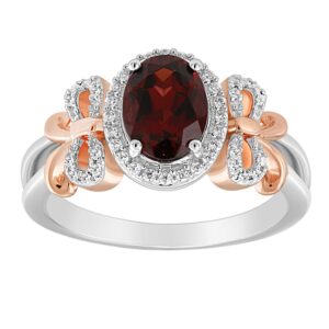 jewelili enchanted disney fine jewelry 14k rose gold over sterling silver 8x6 mm oval shape red garnet and 1/6 cttw natural white round diamonds snow white bow ring size 8