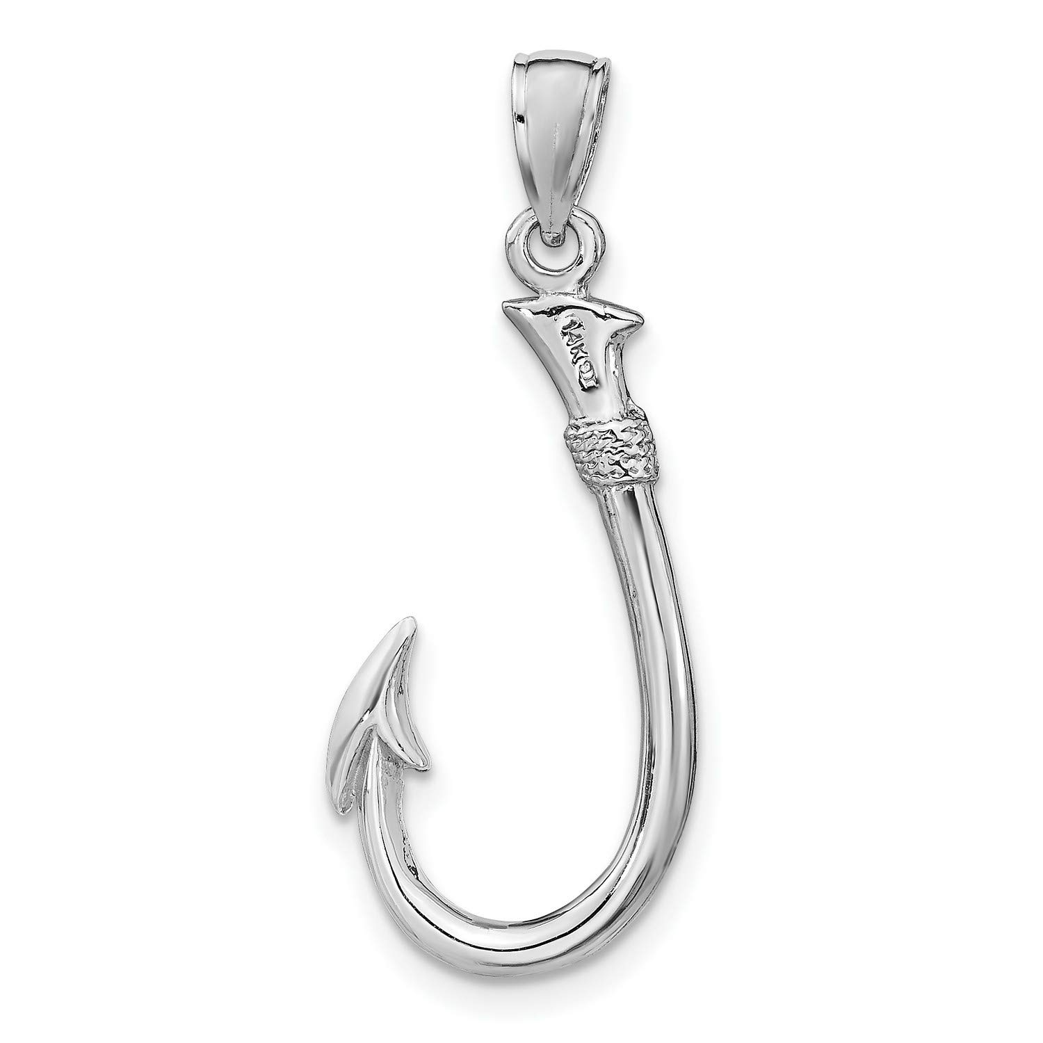 3D Fish Hook Charm In Real 14k White Gold 24 mm x 13 mm