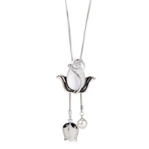 crystal flower pendant necklace pretty pearl adjustable long sweater necklace fashion jewelry for women (tulip flower)