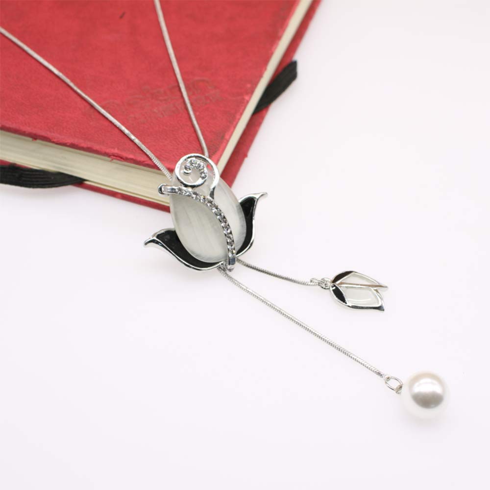 Crystal Flower Pendant Necklace Pretty Pearl Adjustable Long Sweater Necklace Fashion Jewelry for Women (Tulip flower)