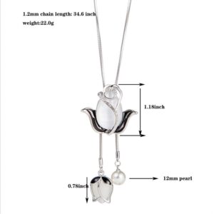 Crystal Flower Pendant Necklace Pretty Pearl Adjustable Long Sweater Necklace Fashion Jewelry for Women (Tulip flower)