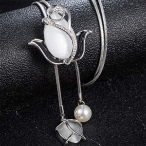 Crystal Flower Pendant Necklace Pretty Pearl Adjustable Long Sweater Necklace Fashion Jewelry for Women (Tulip flower)