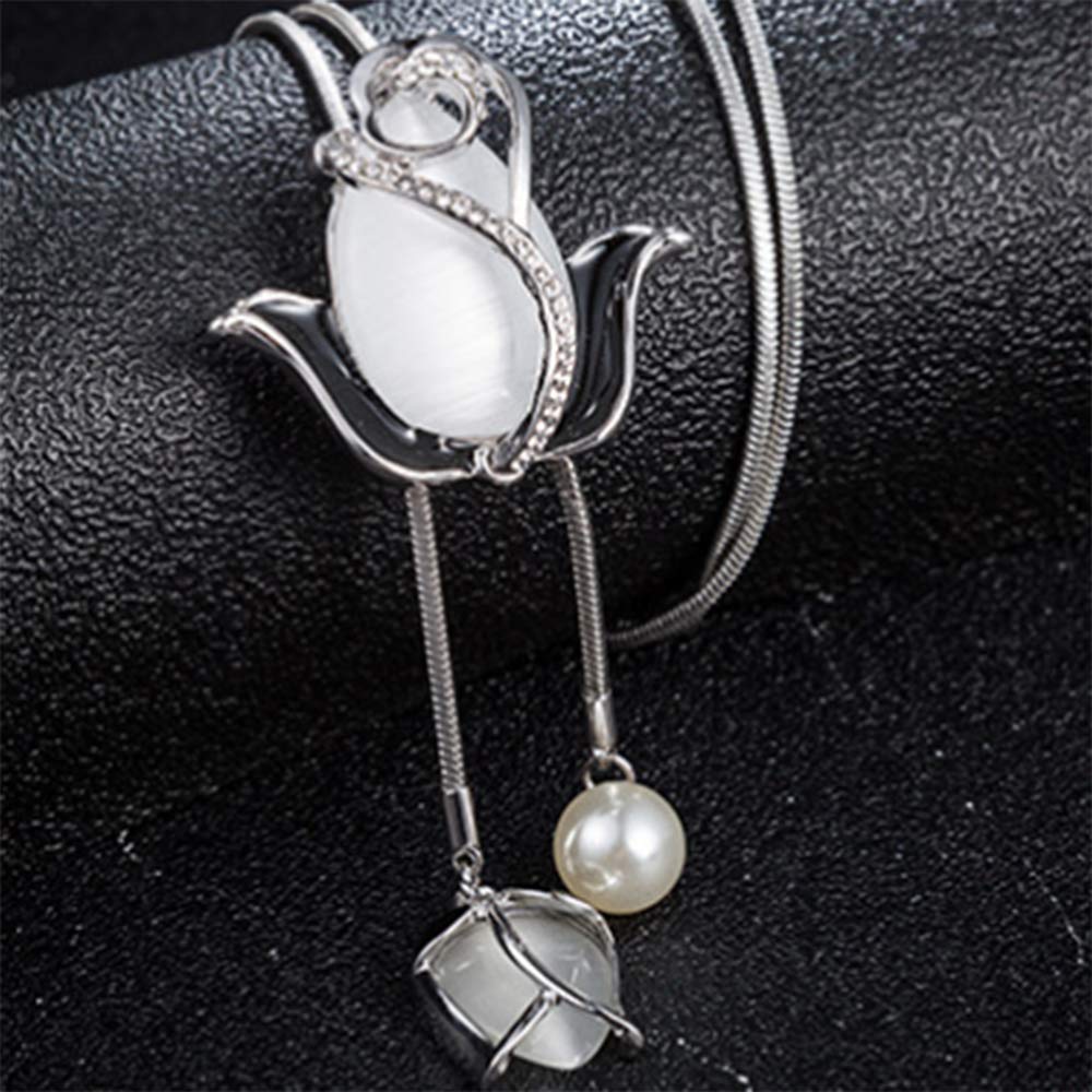 Crystal Flower Pendant Necklace Pretty Pearl Adjustable Long Sweater Necklace Fashion Jewelry for Women (Tulip flower)