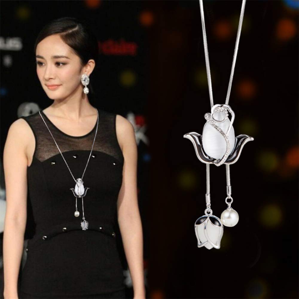 Crystal Flower Pendant Necklace Pretty Pearl Adjustable Long Sweater Necklace Fashion Jewelry for Women (Tulip flower)