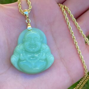 Smiling Laughing Buddha Green Jade Pendant Cute Necklace Rope Chain Genuine Certified Grade A Jadeite Jade Hand Crafted, Jade Neckalce, 14k Gold Filled Buddha necklace, Jade Medallion Apple Green