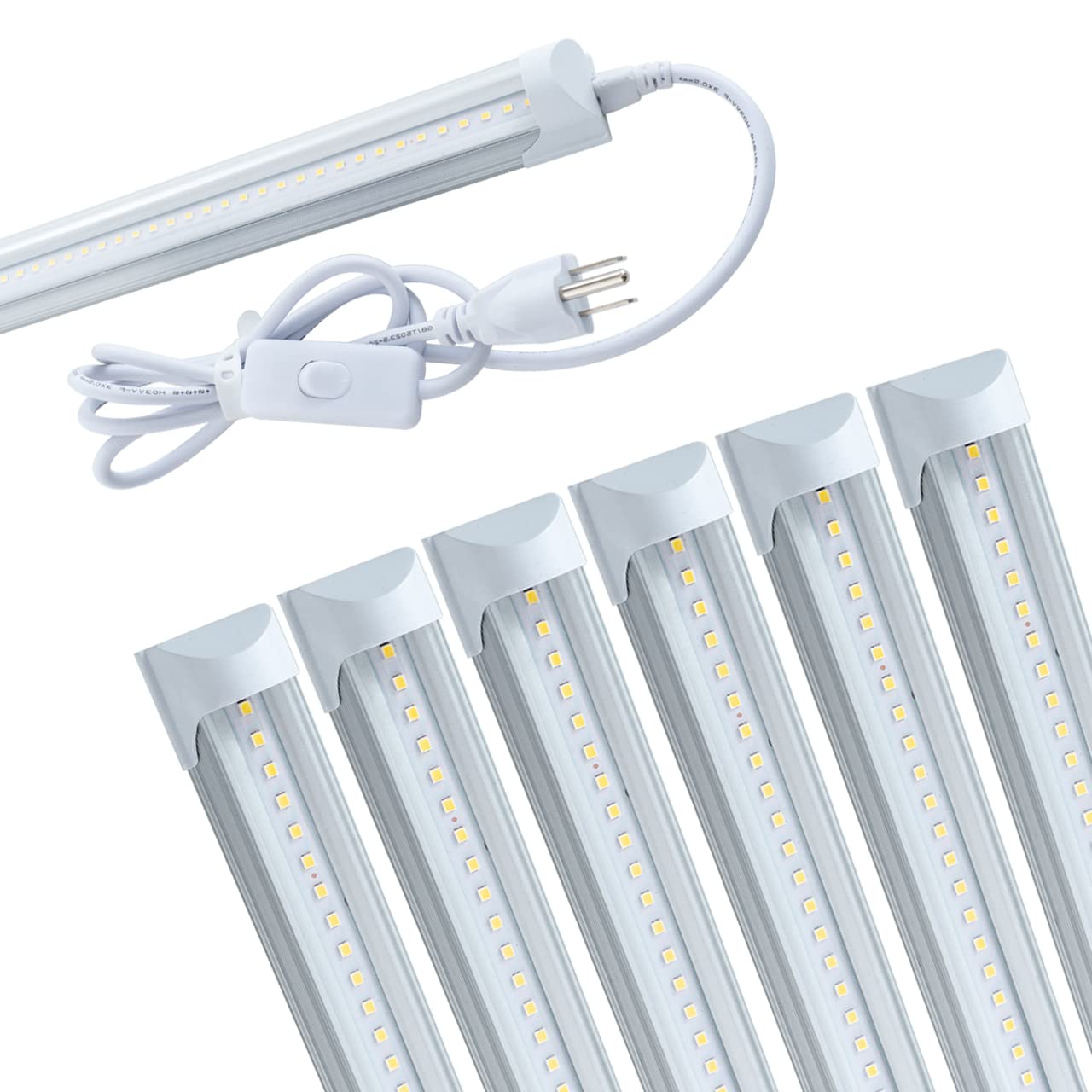 (Pack of 6)T8 4FT LED Integrated Tube Light Fixture, 24W Shop Light with ON/Off Switch Power Cord,6000K Supper White,Clear Cover,Single Strip Indoor Connectable Lamp,Replace Fluorescent Bulb Light