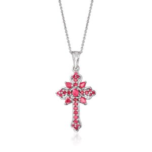 ross-simons 1.46 ct. t.w. ruby cross pendant necklace in sterling silver. 18 inches