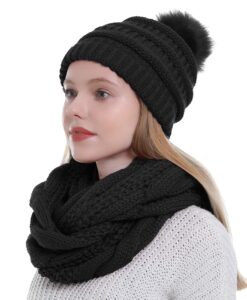 double couple womens scarf beanie hat with faux fur ball set thick winter cable knitted circle loop infinity scarfs for women (black pom pom set)