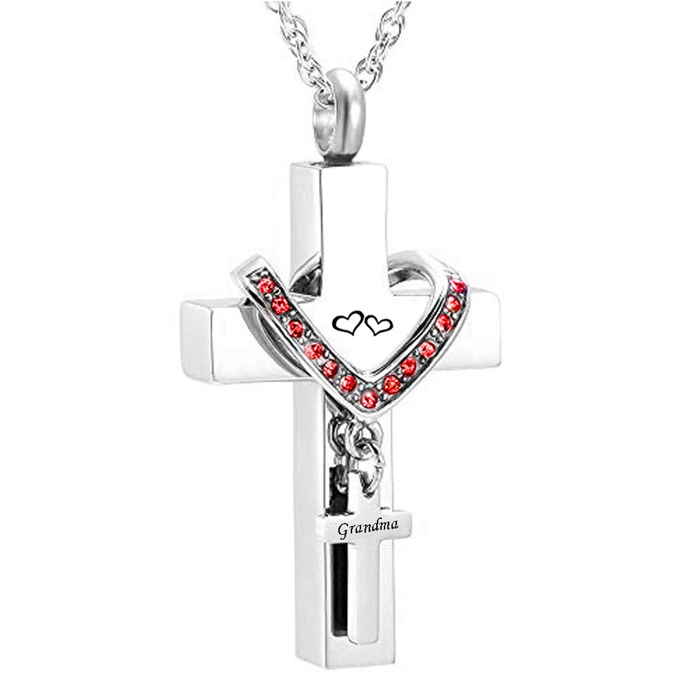 MEMORIALU Grandma Cross Urn Necklaces for Ashes Red Cremation Keepsake Memorial Pendant Necklace