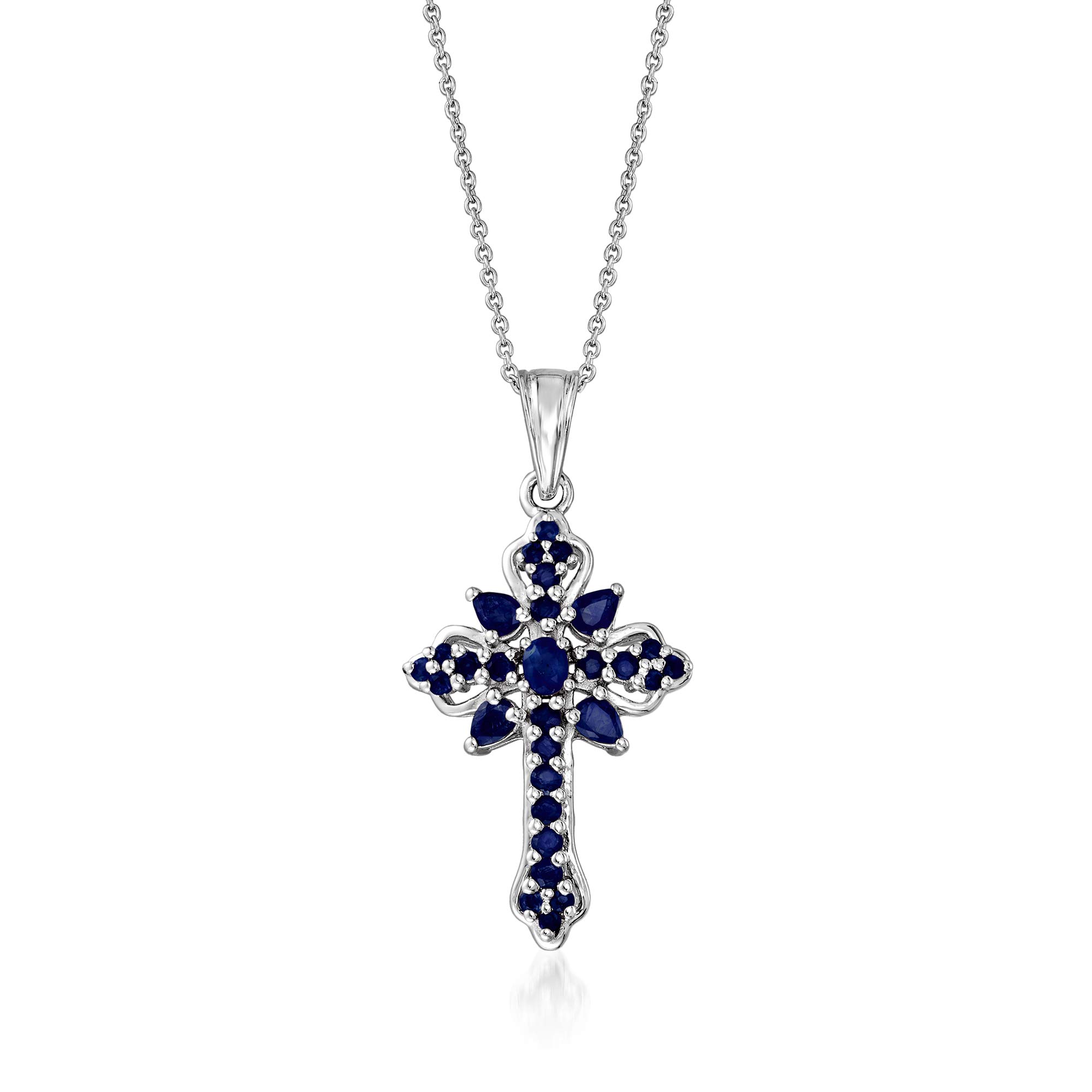 Ross-Simons 1.42 ct. t.w. Sapphire Cross Pendant Necklace in Sterling Silver. 18 inches