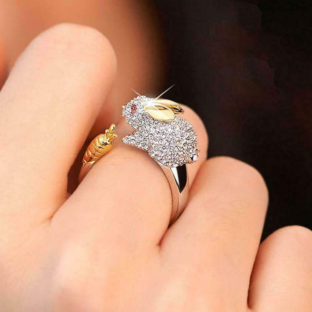 NIANWUDU Wixine 2Pcs Cute Finger Ring Crystals Bunny Jewelry Animal for Women Rabbit Rings &Pig Rings Adjustable