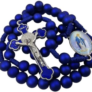 TALISMAN4U Deep Blue Rosary Beads Catholic Prayer Necklace with Saint Benedict Crucifix Our Lady of Grace Medal Religious Gift Rosary Pouch